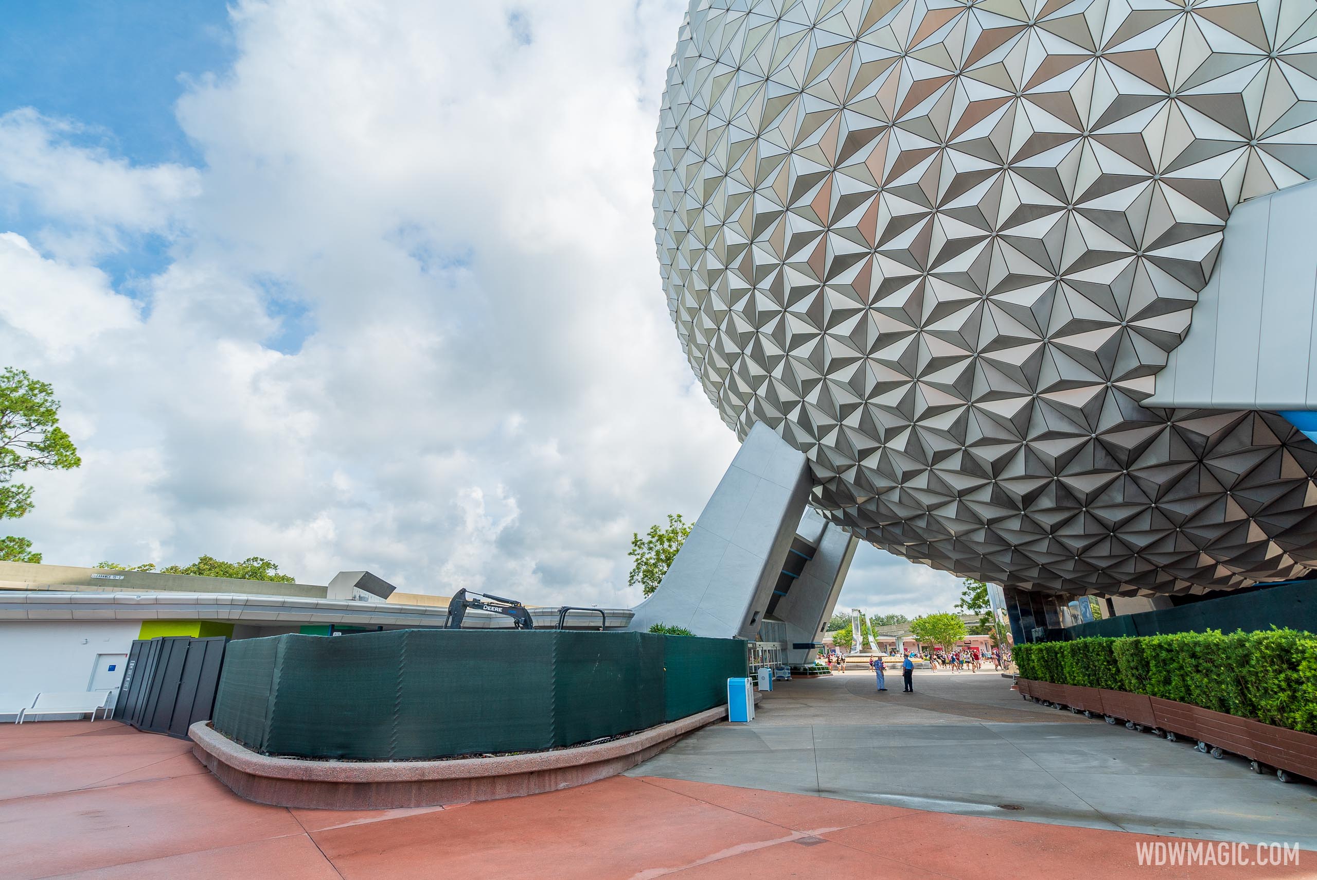 More construction walls up beneath Spaceship Earth along with restroom ...