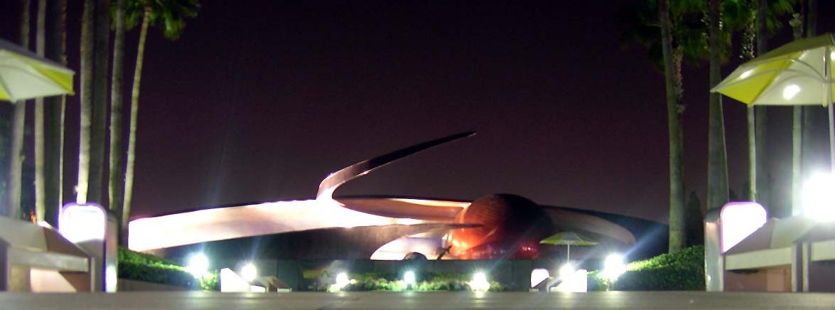 A view of the Space pavilion at night