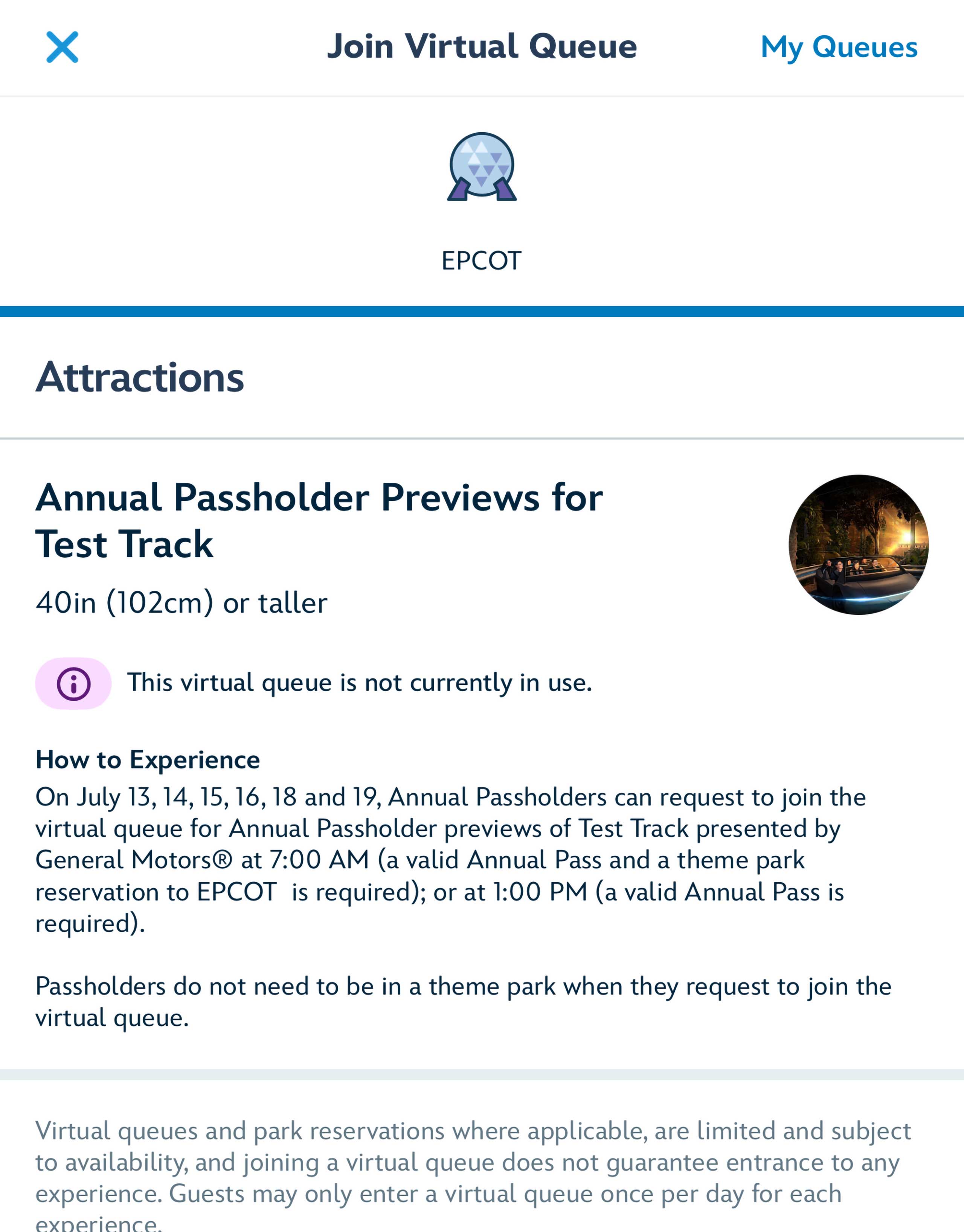 Test Track Virtual Queue in My Disney Experience - Photo 1 of 1