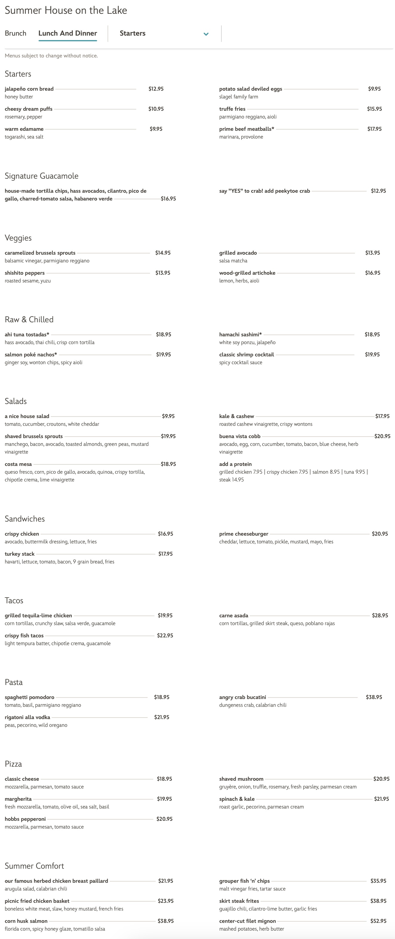 Summer House on the Lake menus - Photo 1 of 4