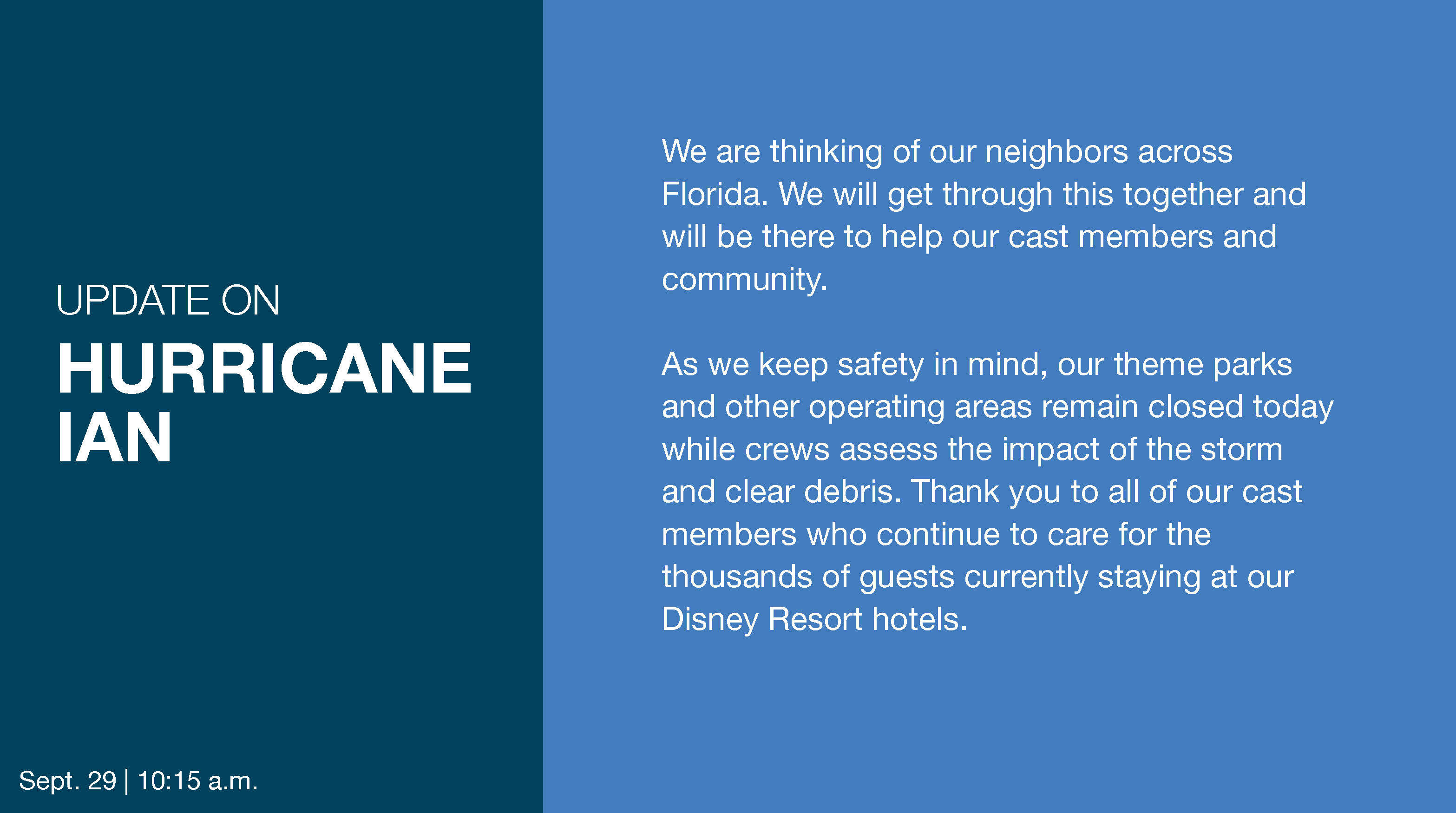 Hurricane Ian Disney statement - September 29 2022